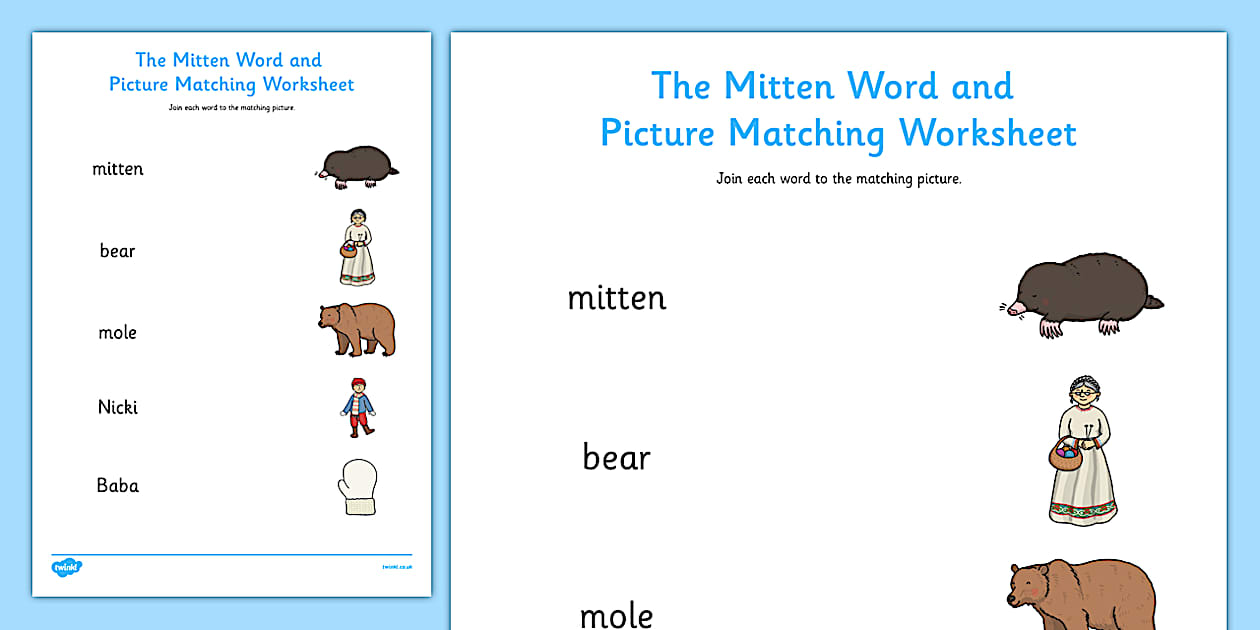 Black and White The Mitten Word and Picture Match - Twinkl
