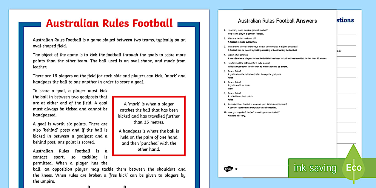Understanding AFL Comprehension Challenge Sheet-Australia