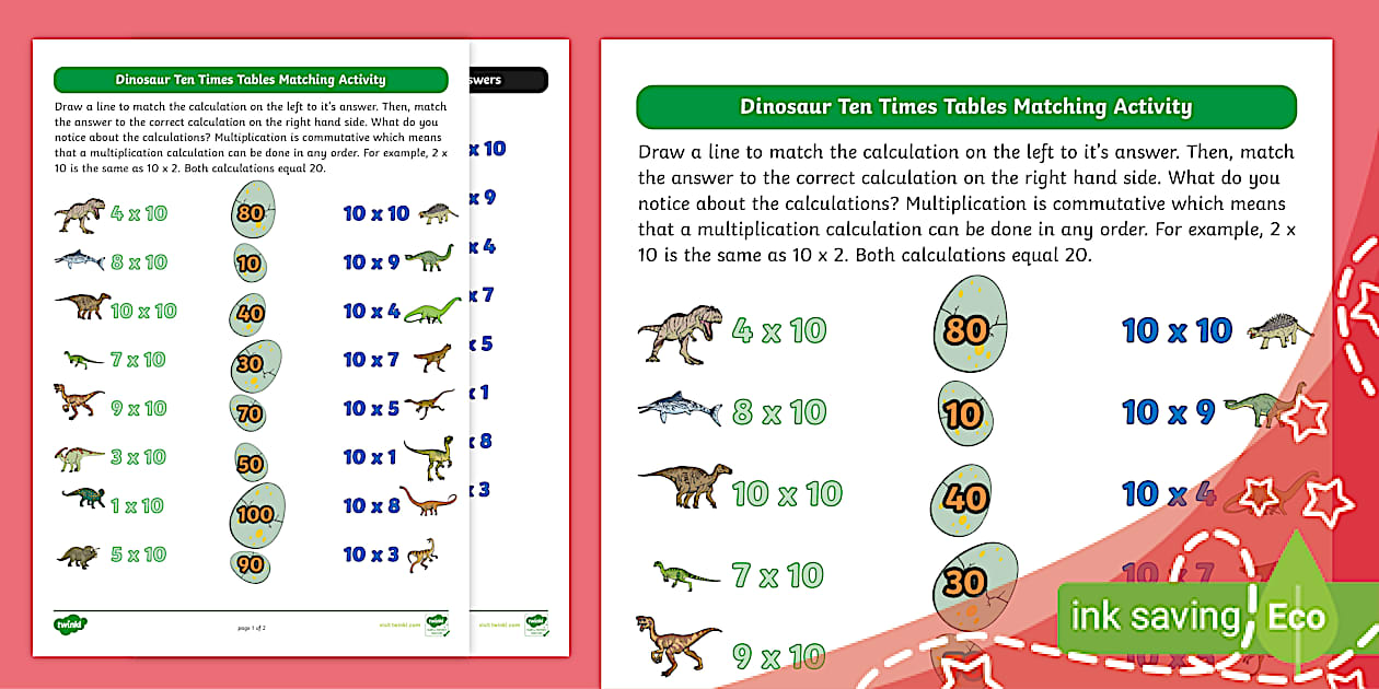10 Times Table Dinosaurs Matching Activity (teacher made)