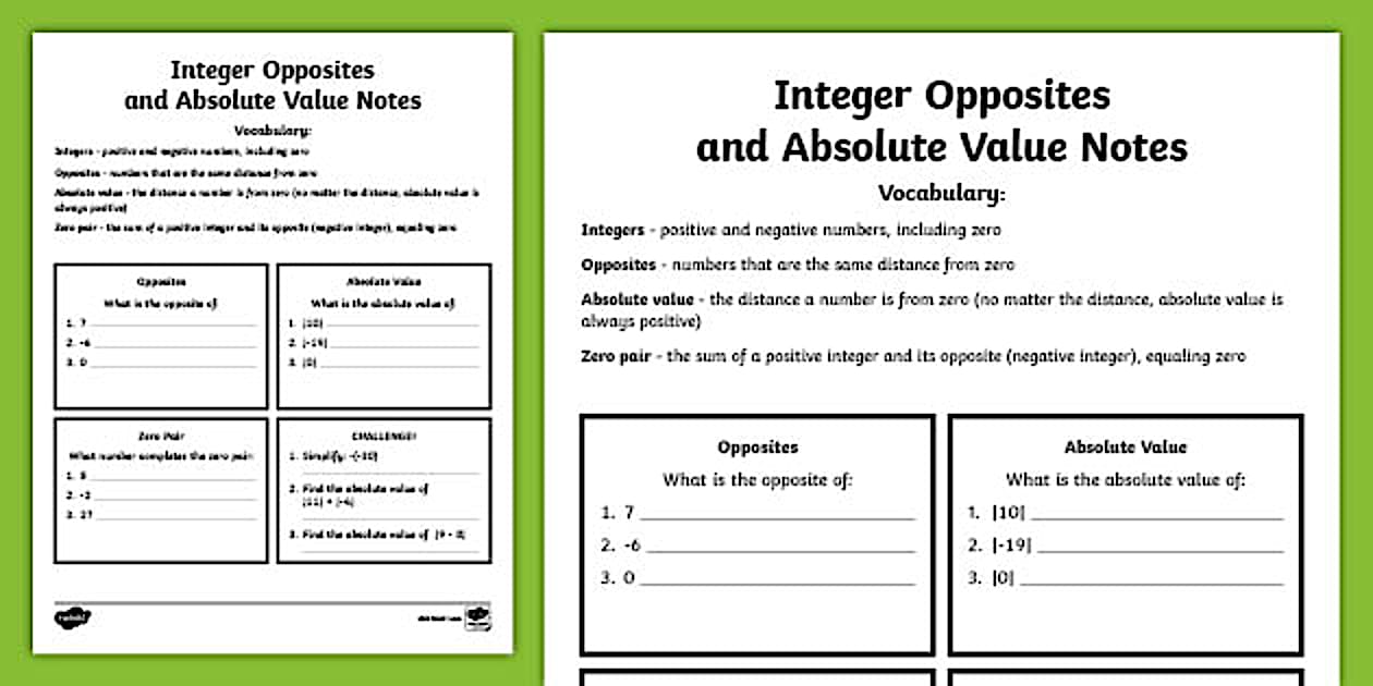 Seventh Grade Integer Opposites and Absolute Value Notes