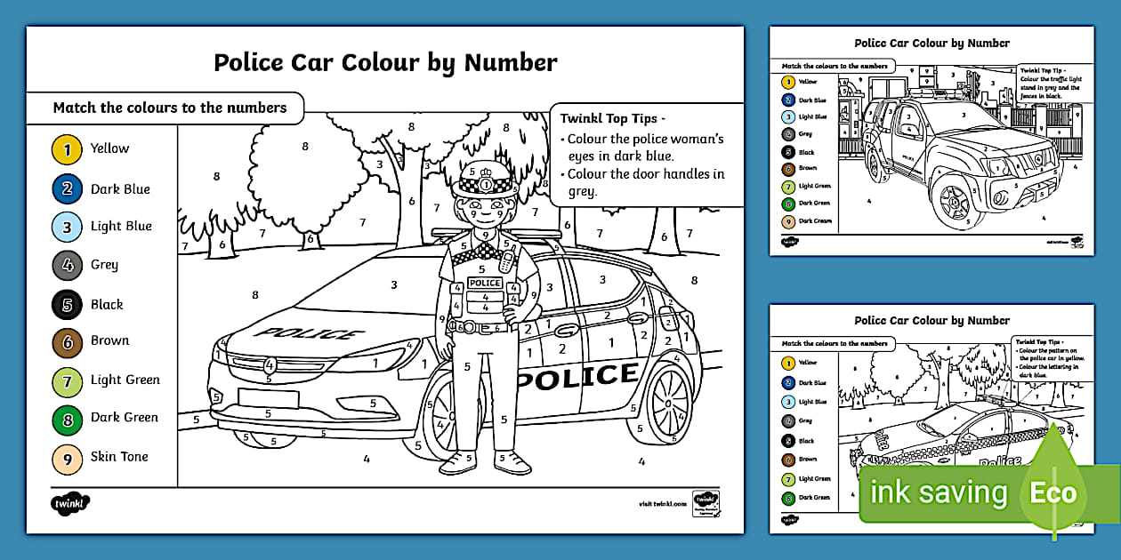 Police Car Colour by Number Pages (teacher made) - Twinkl