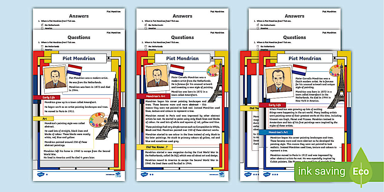KS1 Mondrian Differentiated Reading Comprehension - Twinkl