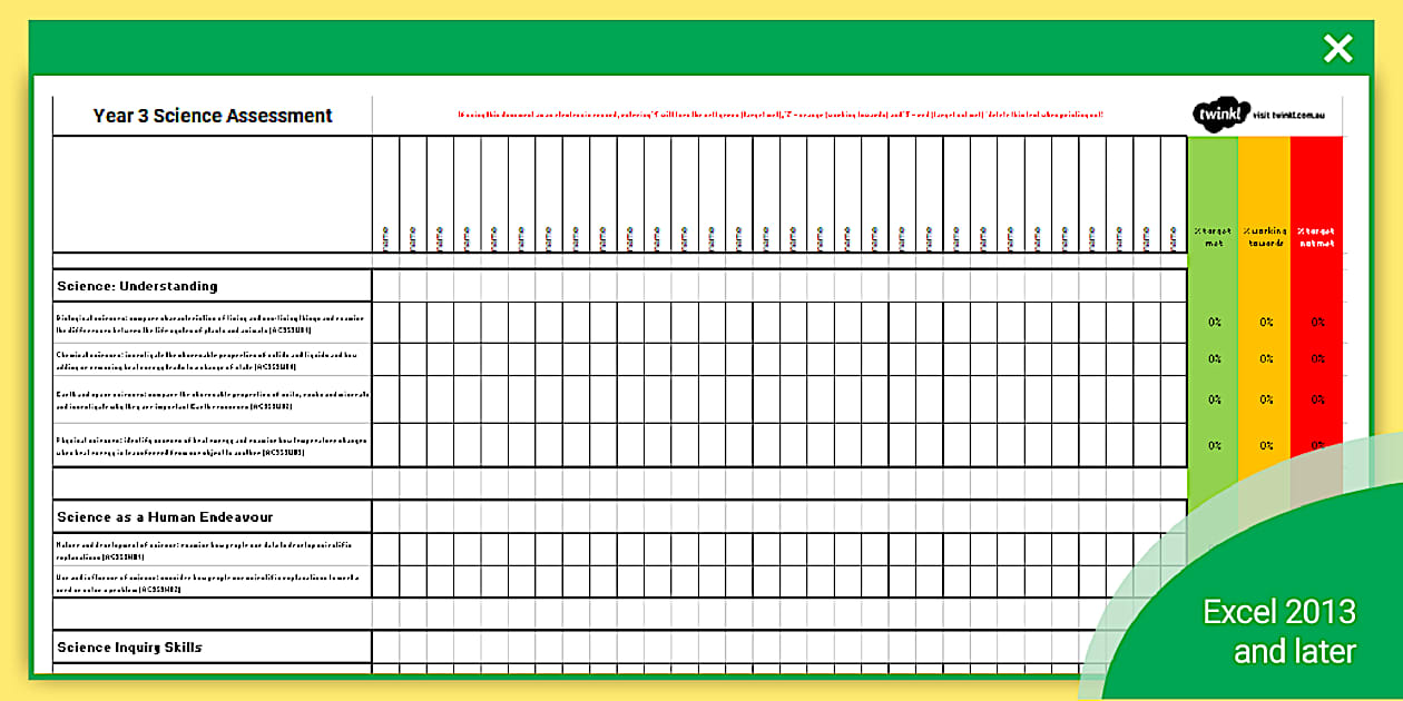 Australian Curriculum Year 3 Science Assessment Tracker