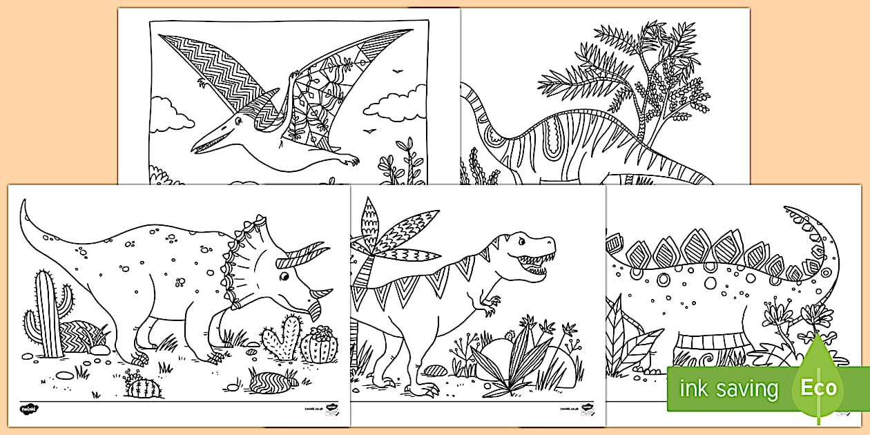 Adult Colouring Mindfulness Dinosaur Themed Pages - Twinkl
