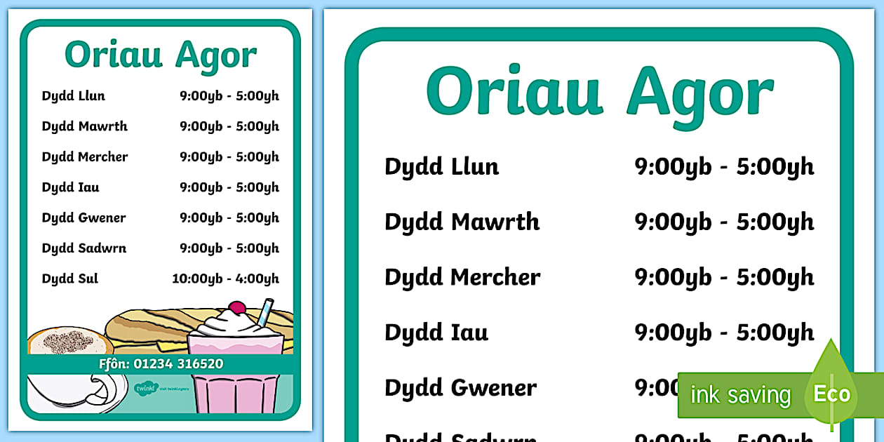 Cafe Opening Times Welsh Translation - Twinkl