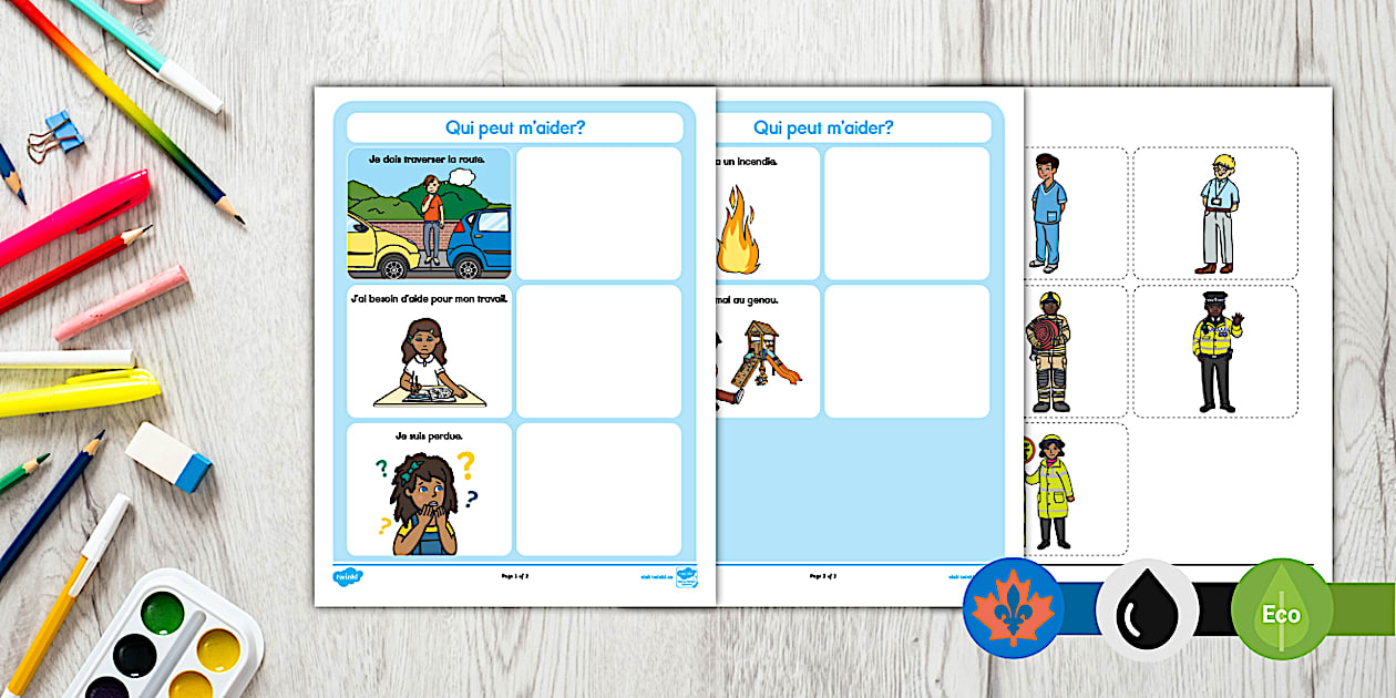 Who Can Help Me Cut and Stick Worksheet French - Twinkl