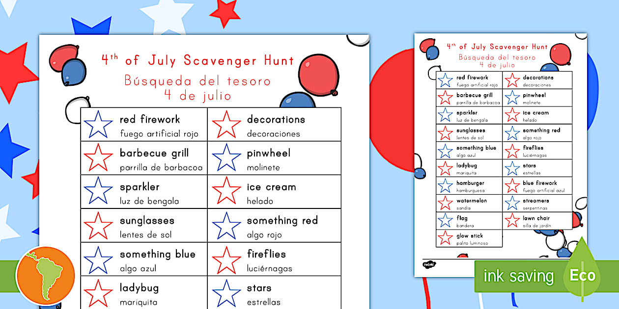 4th of July Scavenger Hunt English/Spanish - 4th of July Scavenger Hunt