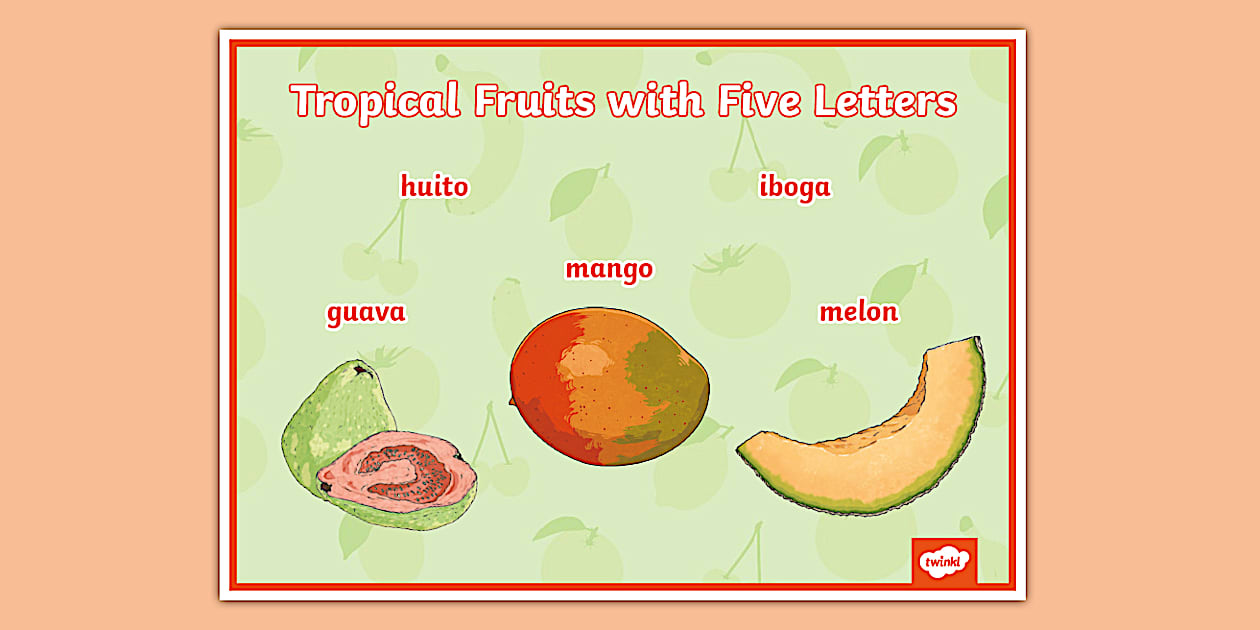 Tropical Fruits with Five Letters Display Poster - Twinkl