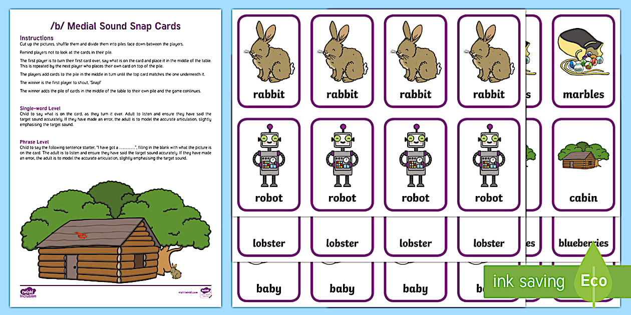 /b/ Medial Sound Snap Cards Worksheet