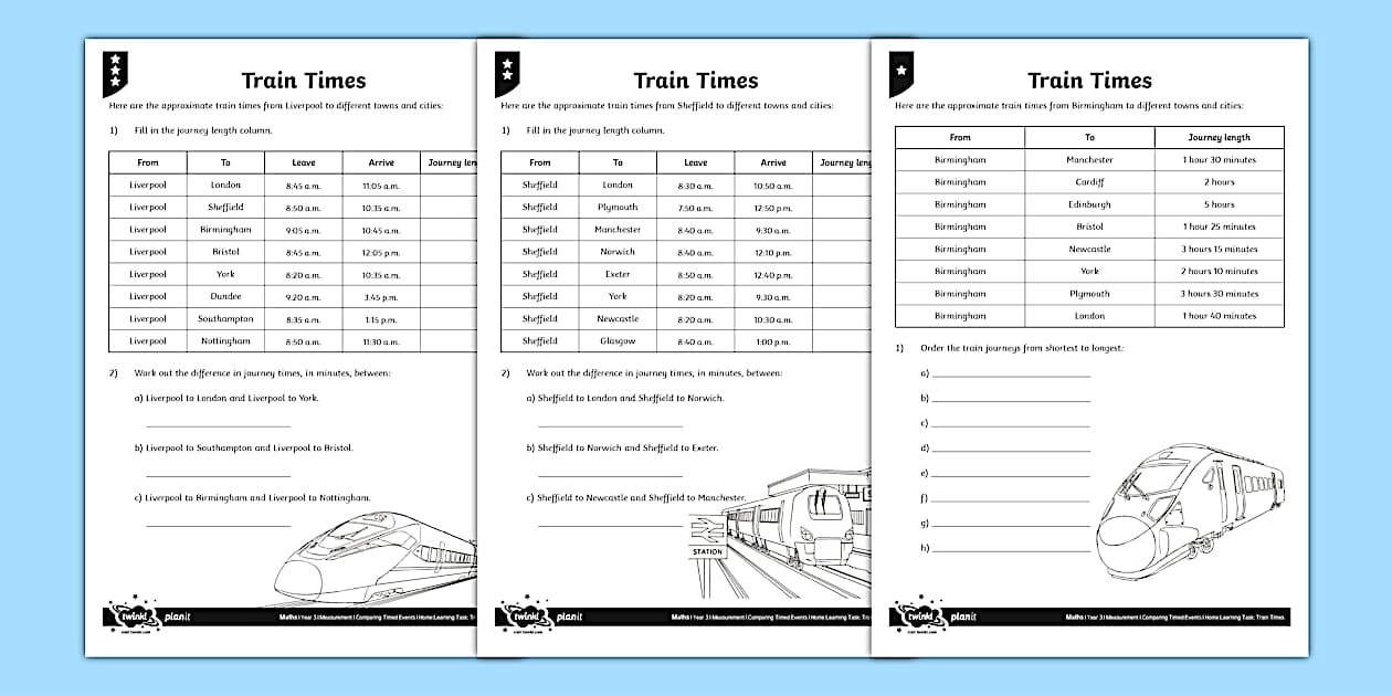 PlanIt Maths Y3 Measurement Train Times Home Learning Tasks