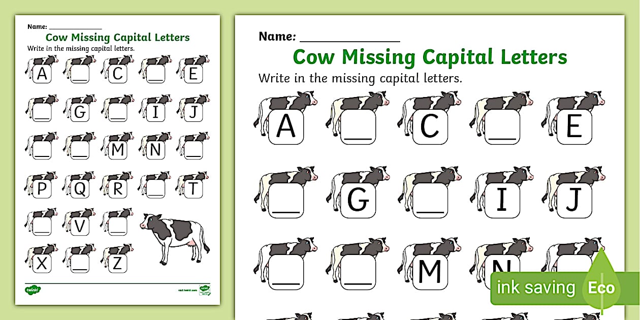 Cow Missing Capital Letters Worksheet (Teacher-Made)
