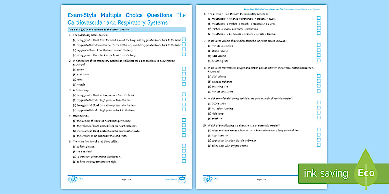 GCSE PE Exam-Style Multiple Choice Questions: Cardiovascular and ...