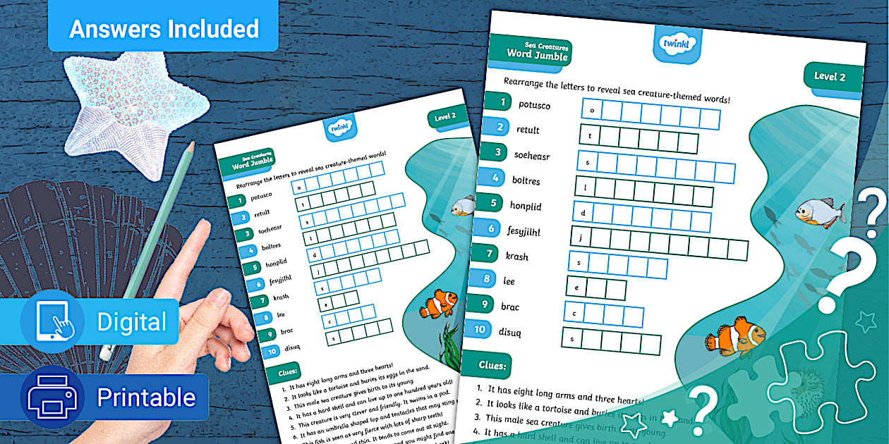 Sea Creatures Word Jumble Puzzle - L2 - Twinkl Puzzled