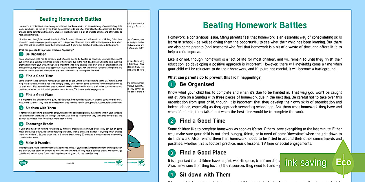 Black and White Beating Homework Battles Parent and Carer Information Sheet