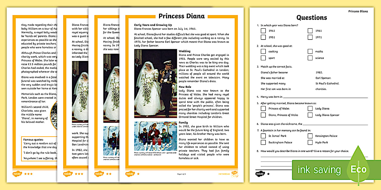 Princess Diana Differentiated Reading Comprehension Activity