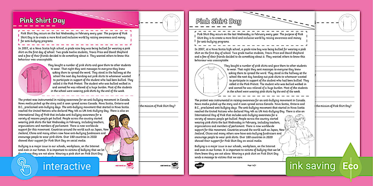 Pink Shirt Day Reading Comprehension (Intermediate)