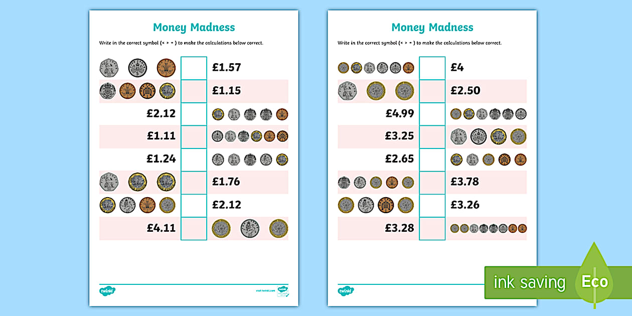 KS2 Money Madness Greater Than and Less Than Worksheet / Worksheet Pack