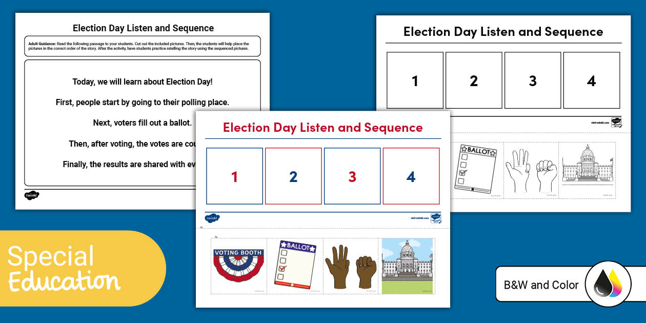 Election Day Listen and Sequence Worksheet - Twinkl