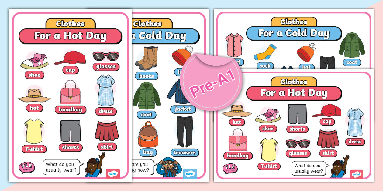 Clothes vocabulary posters for starters by Twinkl, pre-A1