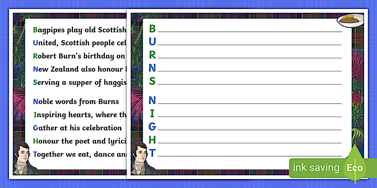 Burns Night Acrostic Poem Template (teacher made) - Twinkl