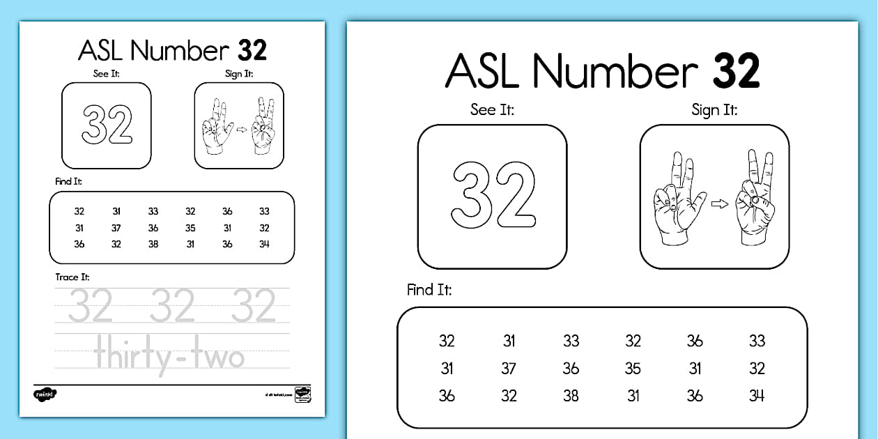 ASL Number 32 Worksheet (teacher made) - Twinkl