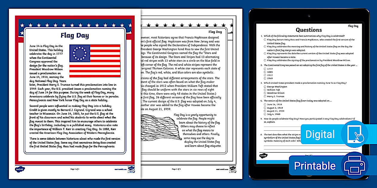 Sixth Grade Flag Day Reading Comprehension Worksheet