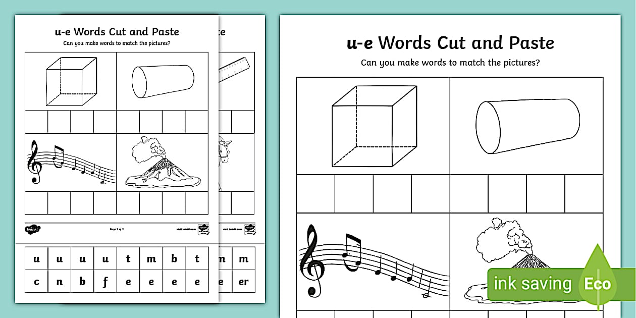 Editable 'u-e' Sound Cut and Stick Worksheet - Twinkl