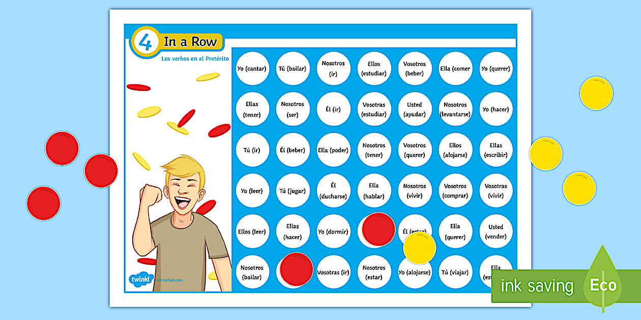 Four in a Row Preterite Tense Self Checking Board Game Spanish