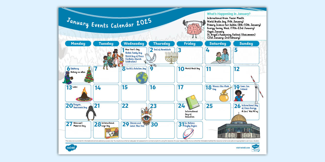 January Events Calendar (2025) (teacher made) - Twinkl