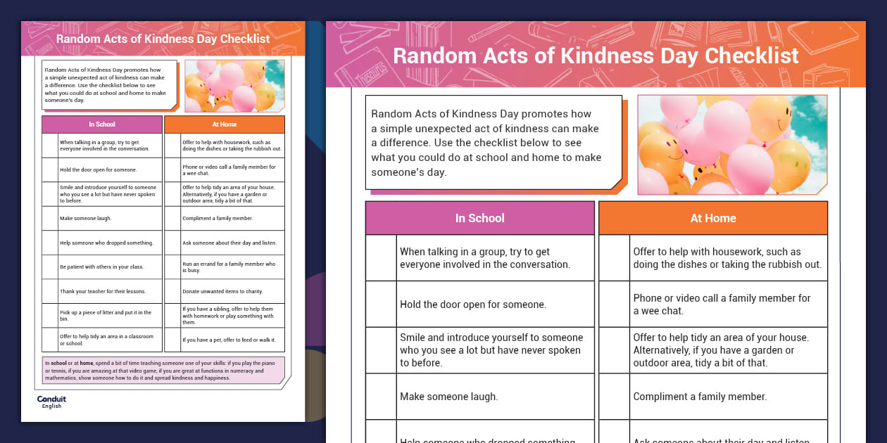 Random Acts of Kindness Day Checklist (teacher made)