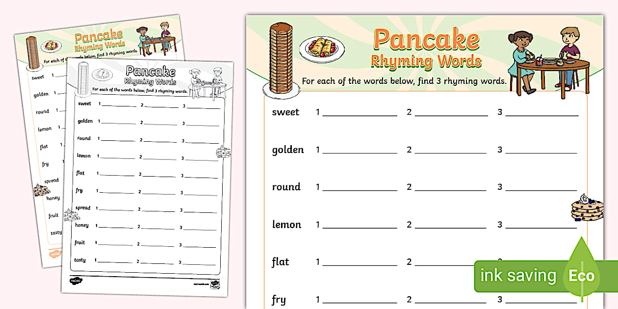 Pancakes Three Rhyming Words Worksheet (teacher made)