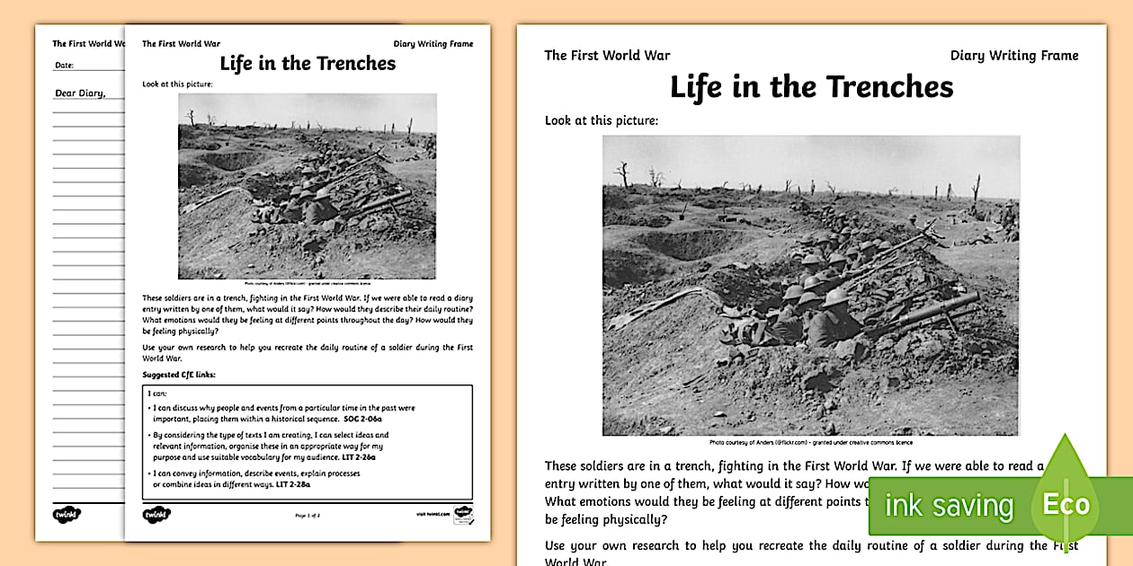Editable First World War Soldier Diary Entry Writing Worksheet