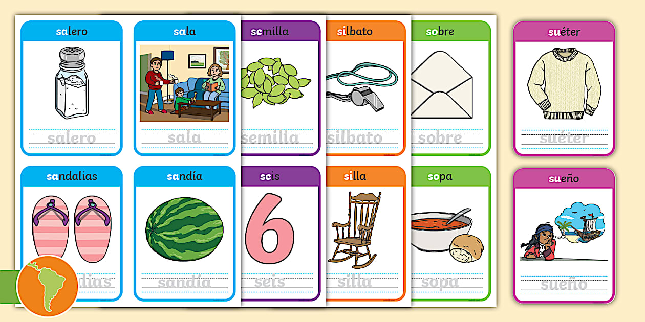 Flashcards de las sílabas sa, se, si, so, su- Guía de trabajo