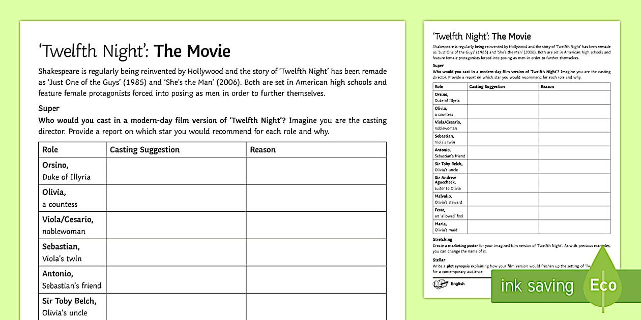 GCSE Twelfth Night: Hollywood Movie Differentiated Worksheet