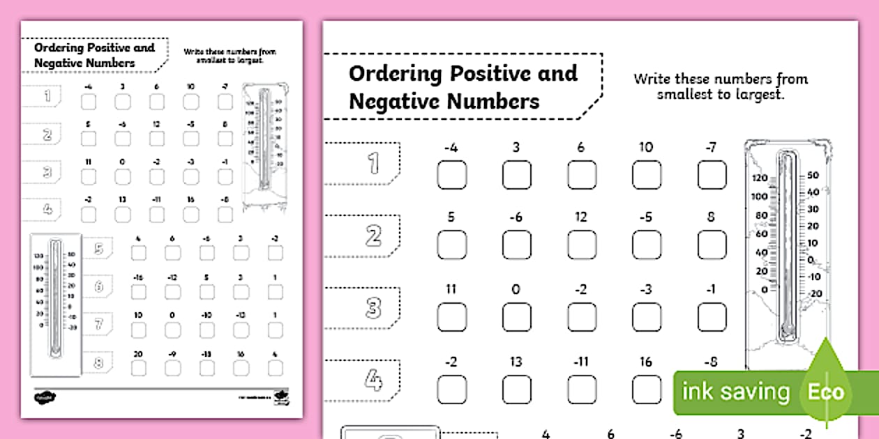 Ordering Positive and Negative Numbers | Worksheet | Primary