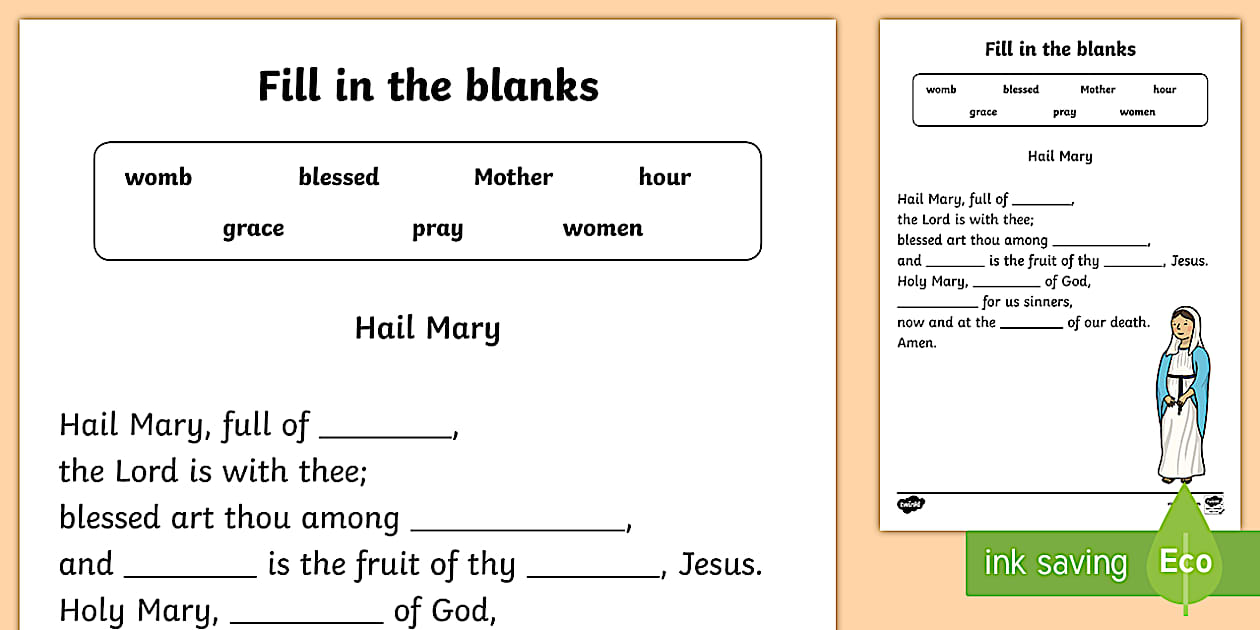 Hail Mary Fill in the blanks Worksheet / Worksheet - Twinkl