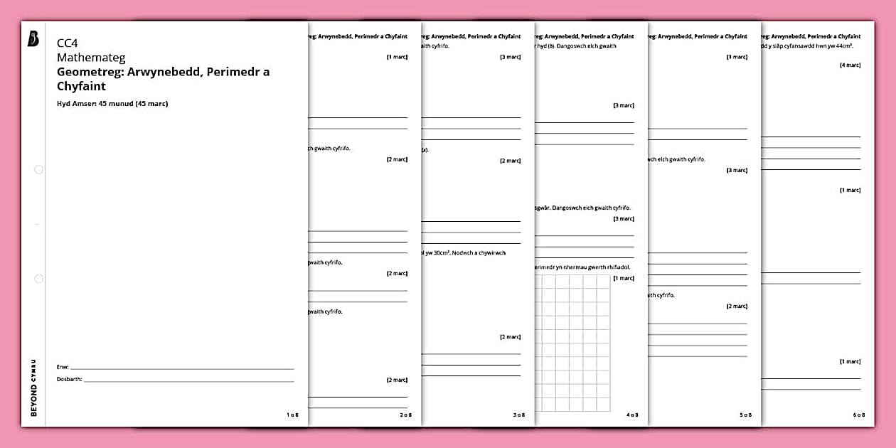 Pecyn Asesu Geometreg CC4: Arwynebedd, Perimedr a Chyfaint