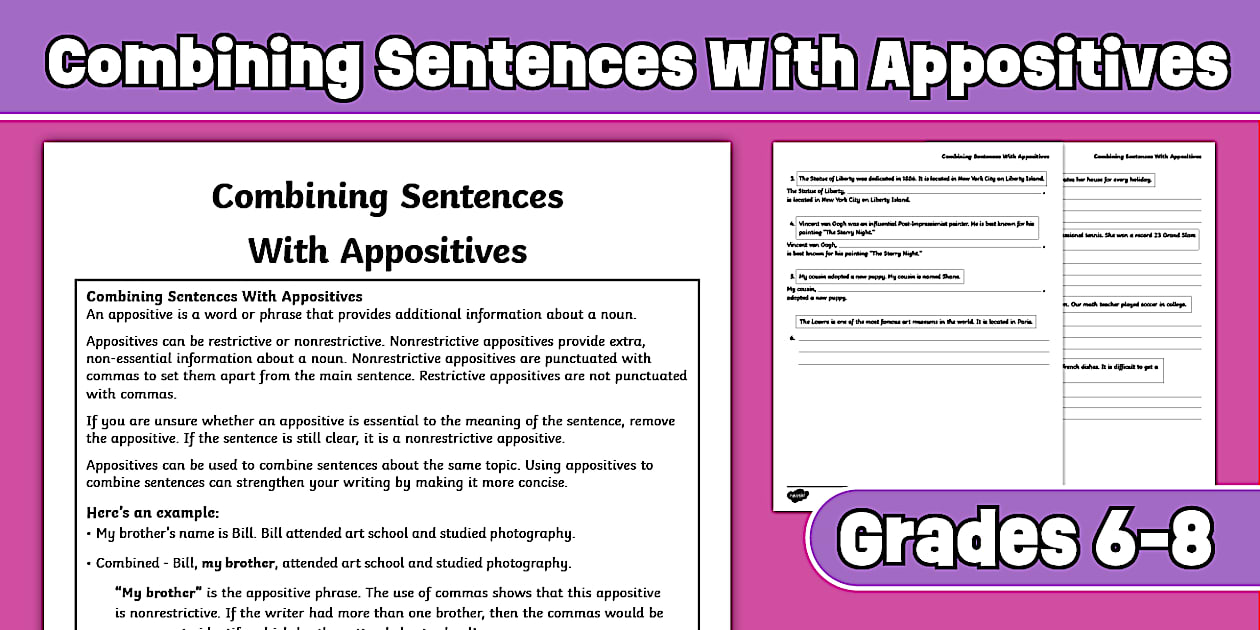 Combining Sentences with Appositives Worksheet for 6th-8th