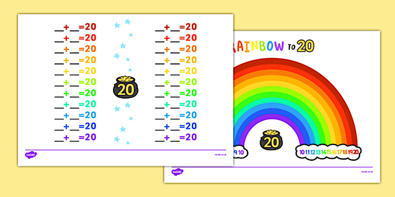 Black and White Rainbow Themed Number Facts to 20 Worksheet