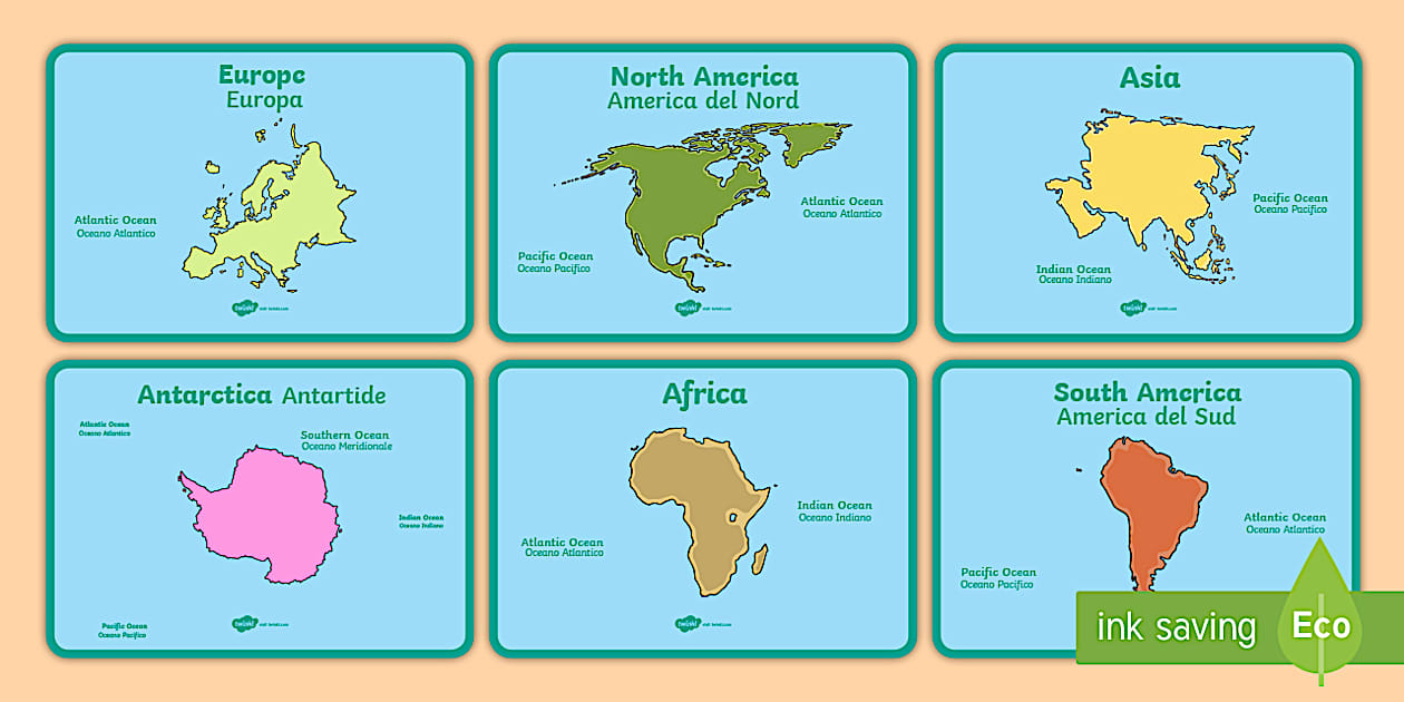 Continent And Oceans Signs / Posters English / Italian
