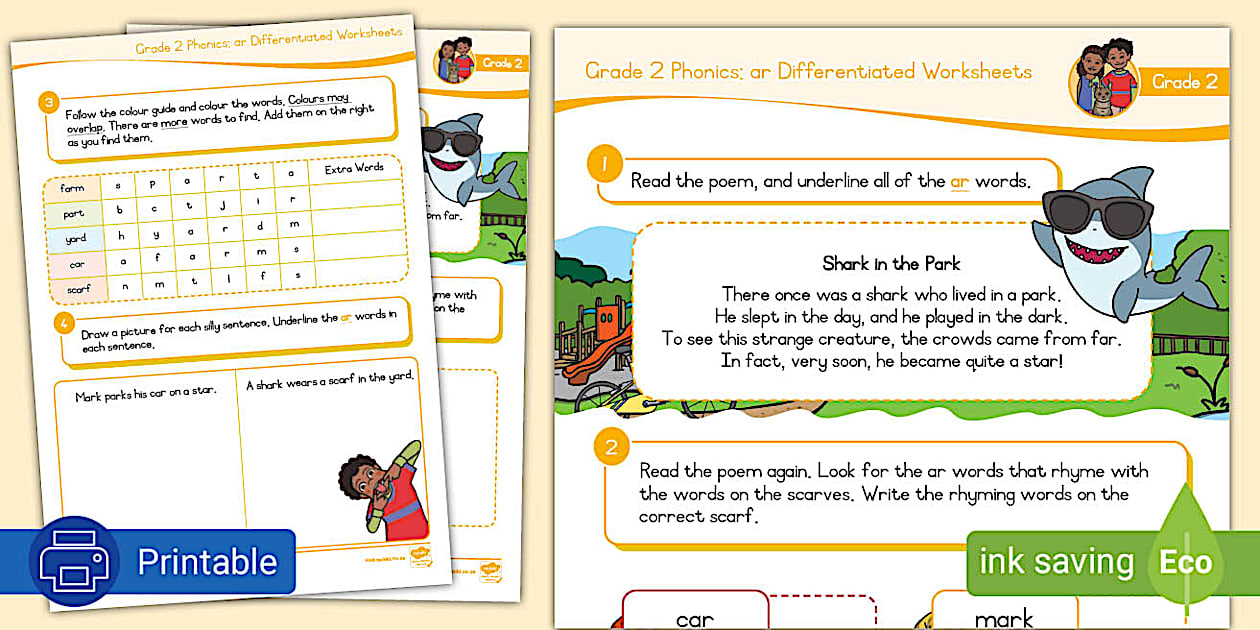 Grade 2 Phonics: -ar Differentiated Worksheets