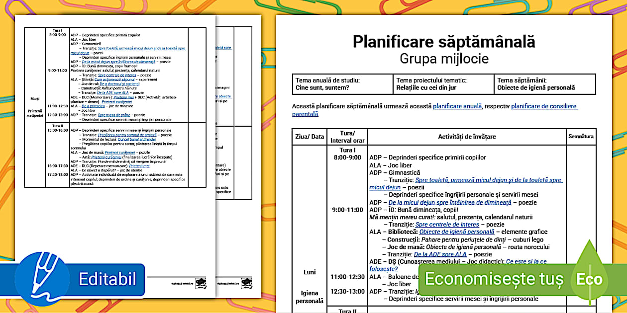 Obiecte de igienă – Planificare săptămânală grupa mijlocie