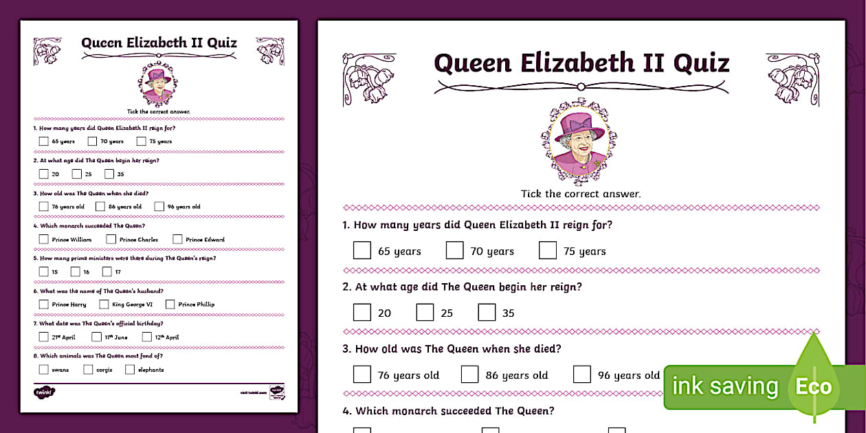 Queen Elizabeth II Quiz, Queen Quiz (teacher made) - Twinkl