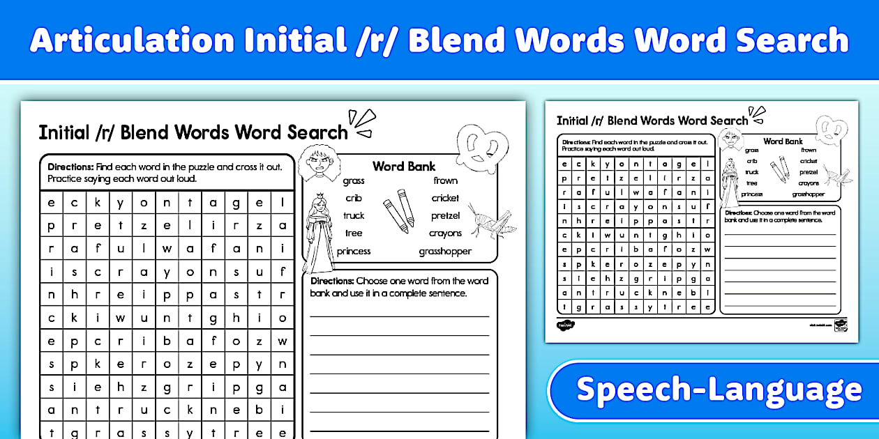 Articulation Initial /r/ Blend Words Word Search for SLP