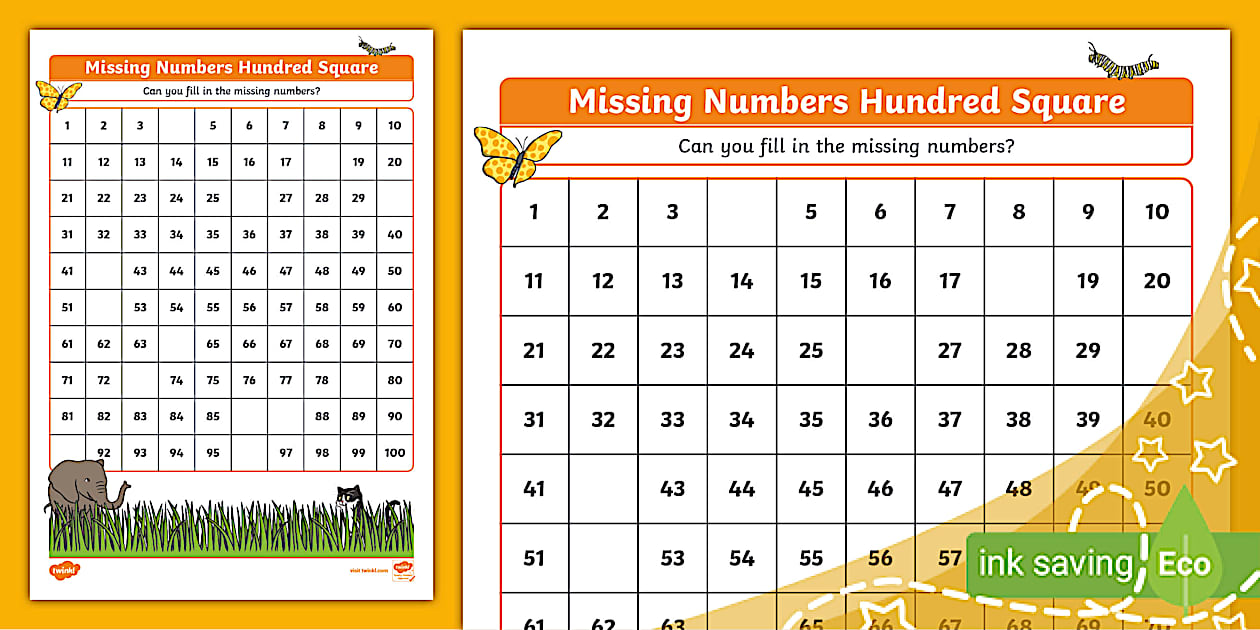 👉 Animal-Themed Missing Numbers 100 Square (Ages 5 - 7)