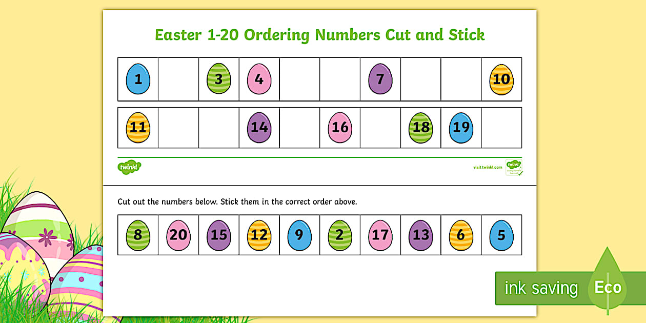 Ordering Easter Numbers Cut and Stick Worksheet (1-20)