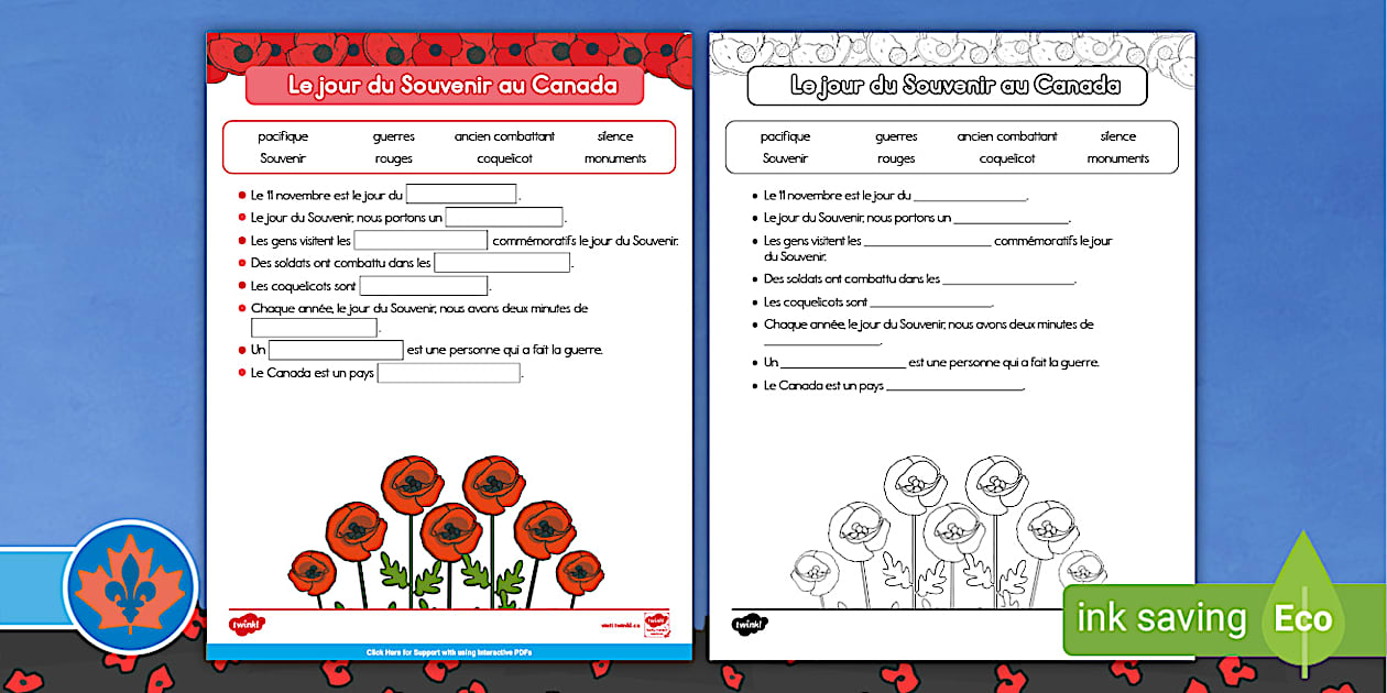 Remembrance Day Words in French Cloze Activity | Twinkl CA