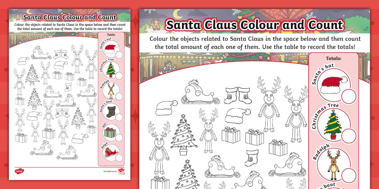Santa Claus Colour and Count Worksheet (teacher made)