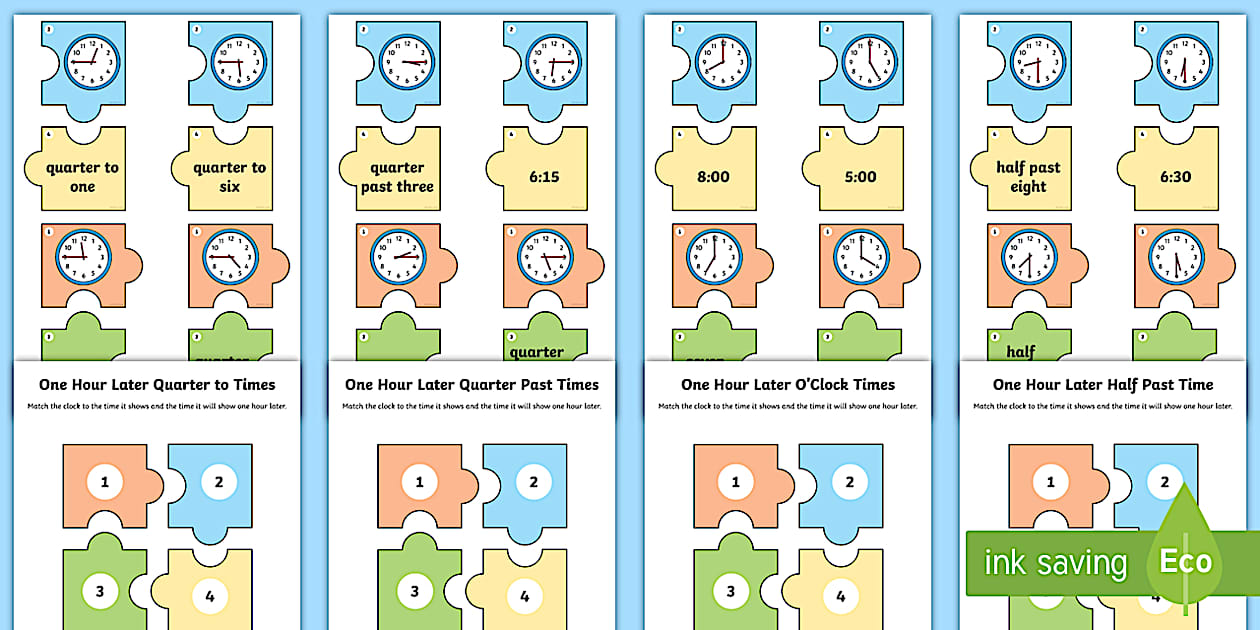 👉 One Hour Later O'Clock, Quarter-Hour and Half-Hour Times Puzzles