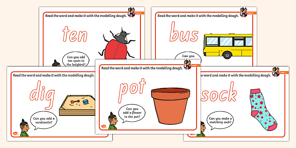 Twinkl Phonics CVC Word Modelling Dough Mats - Level 2